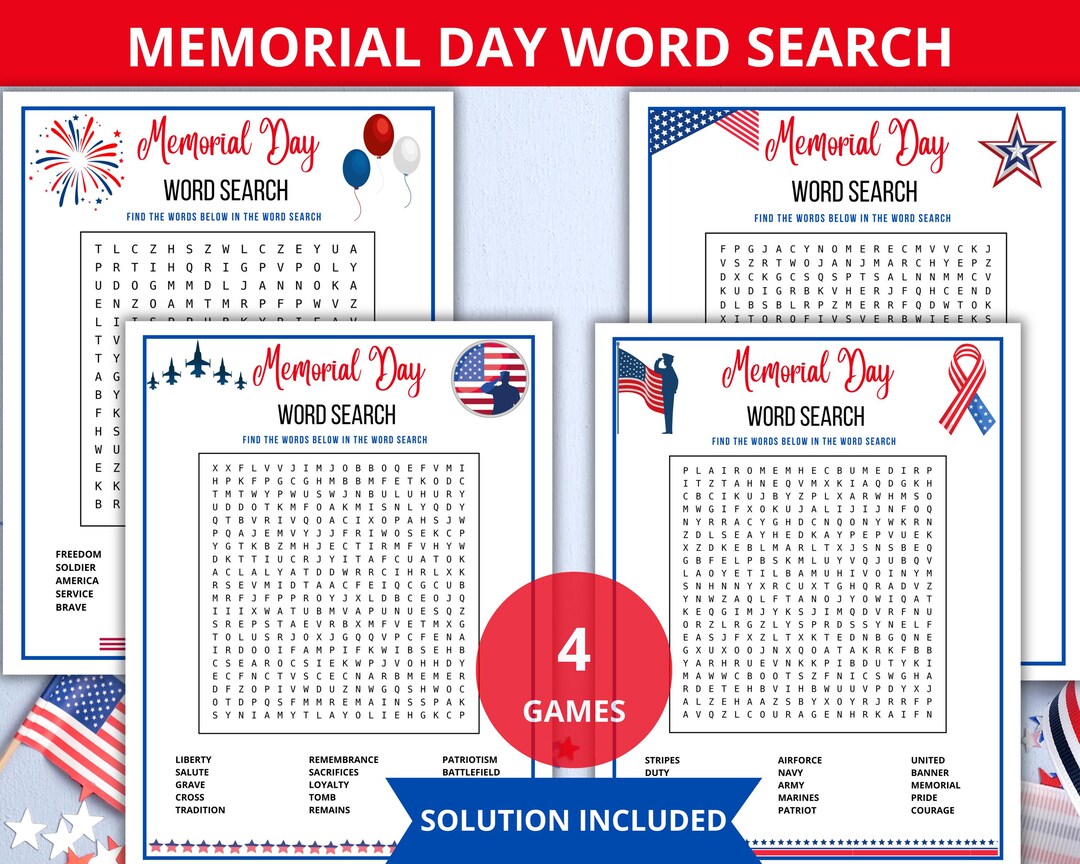 Memorial Day Word Search,memorial Day Word Puzzle,memorial Day Party ...