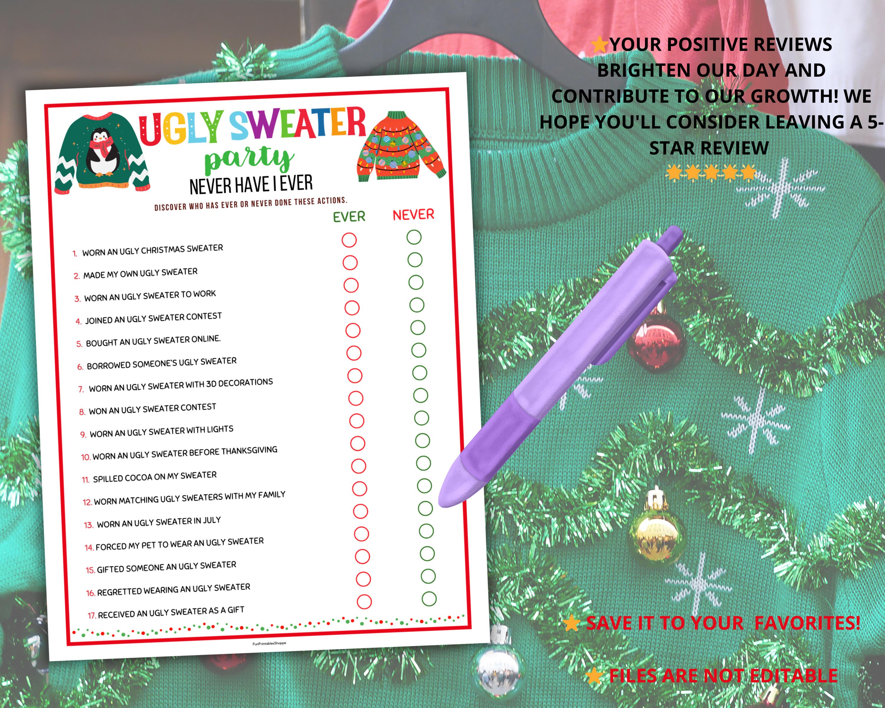 Ugly Sweater Party Game,never Have I Ever Christmas,friendsmas Game ...