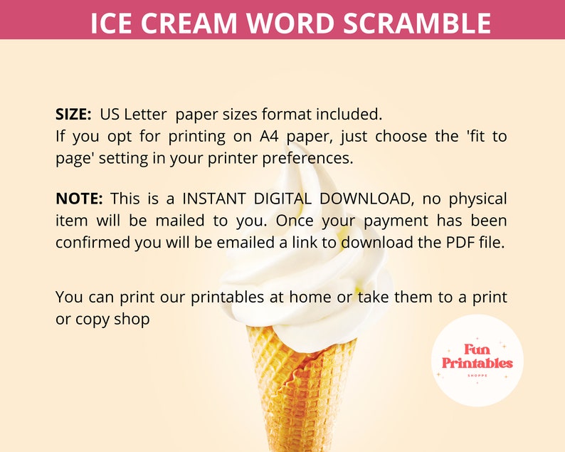 Ice Cream Word Scramble,ice Cream Party Game,word Search,ice Cream ...
