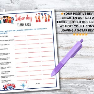 Labor Day Think Fast Game,labor Day Party Game,labor Day Activity ...