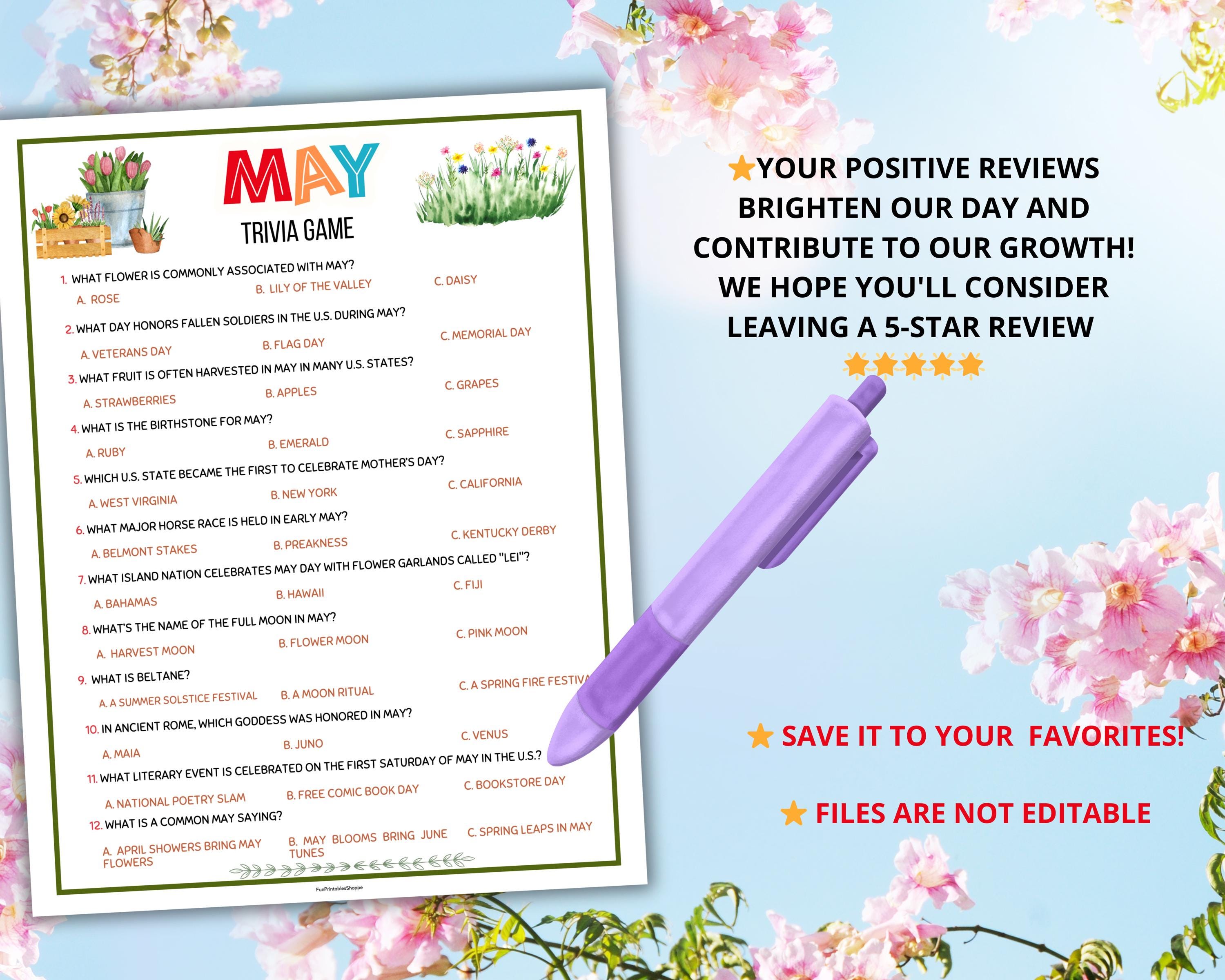 May Trivia Game,month Party Games,may Quiz Question,monthly Trivia Quiz ...