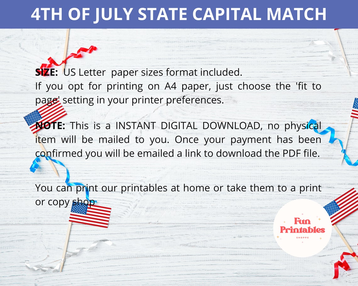 Fourth of July State Capital Match,july 4th Party Game,4th of July ...