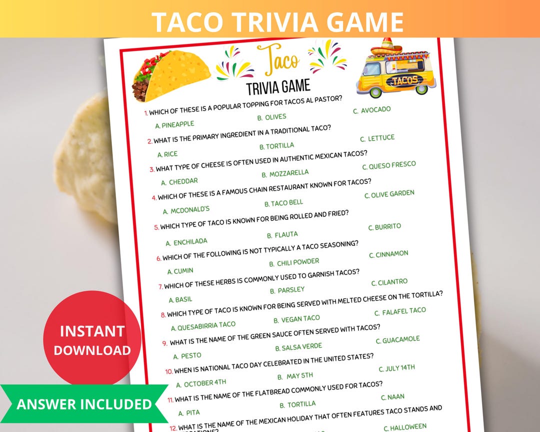 Fiesta Taco Trivia Game,taco Party Game,food Trivia,taco Fiesta,mexican ...