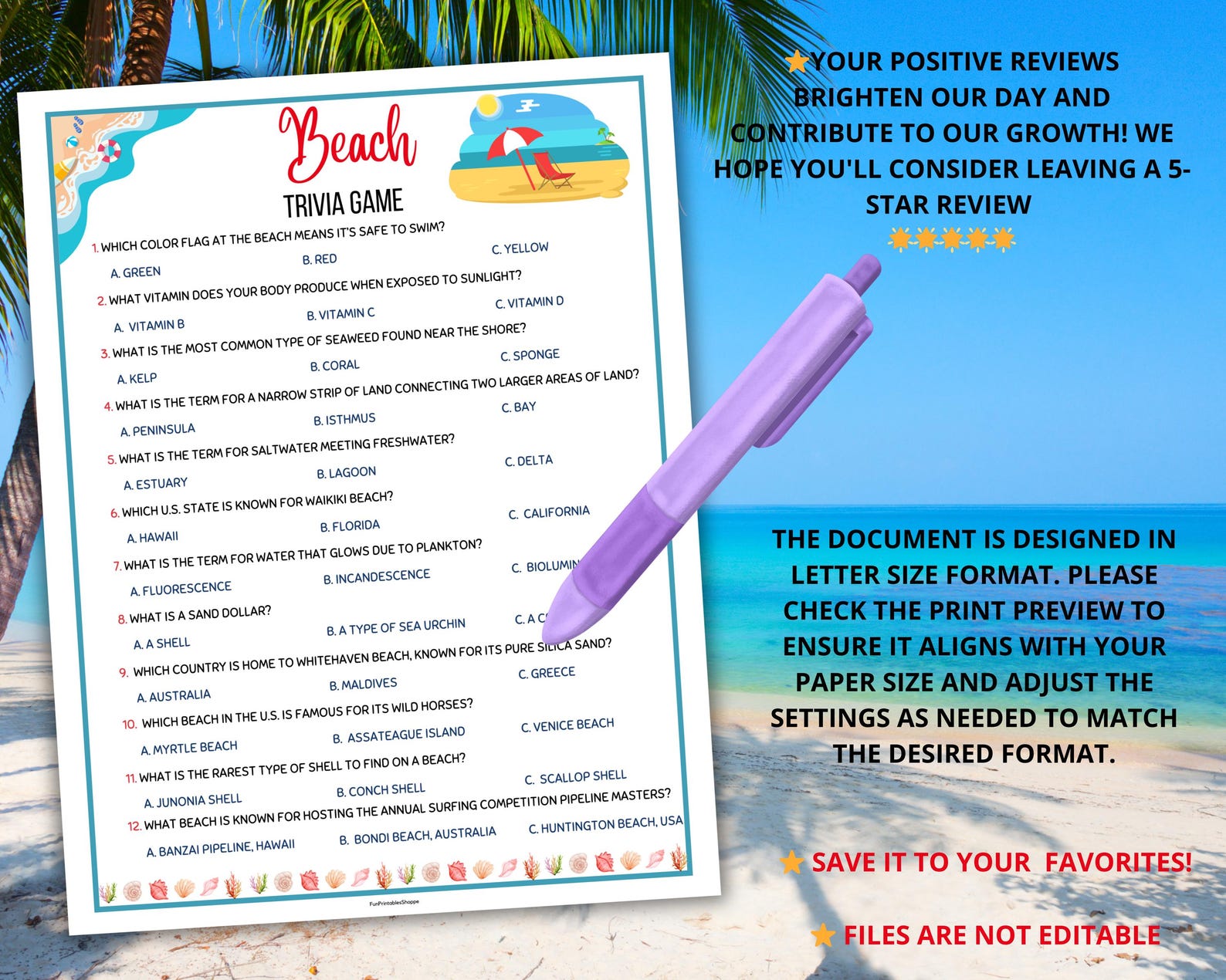 Beach Trivia Game,ocean Trivia,sea Trivia Game,summer Trivia,fun Beach ...