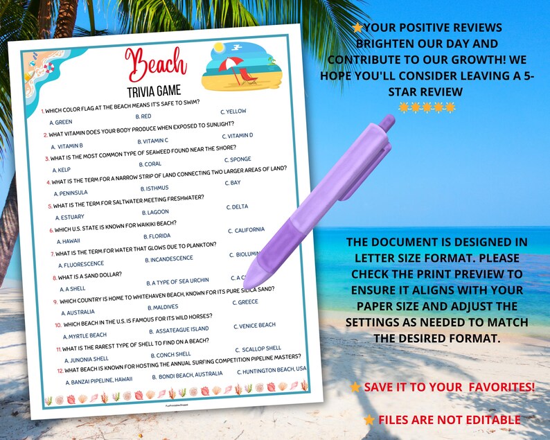 Beach Trivia Game,ocean Trivia,sea Trivia Game,summer Trivia,fun Beach ...