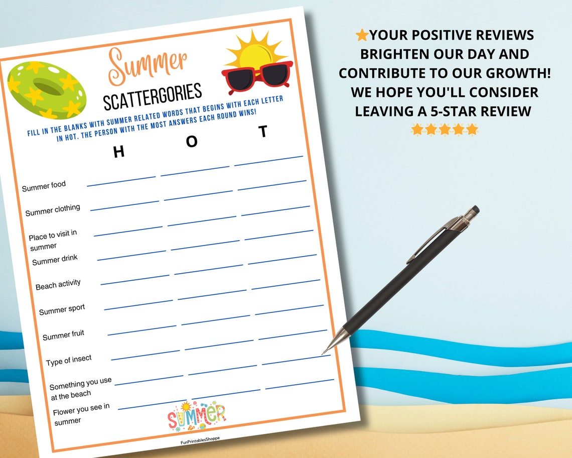 Summer Scattergories Game,summer Family Reunion,summer Fun Game,summer ...