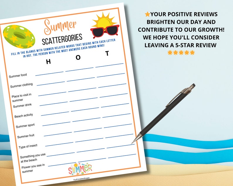 Summer Scattergories Game,summer Family Reunion,summer Fun Game,summer ...