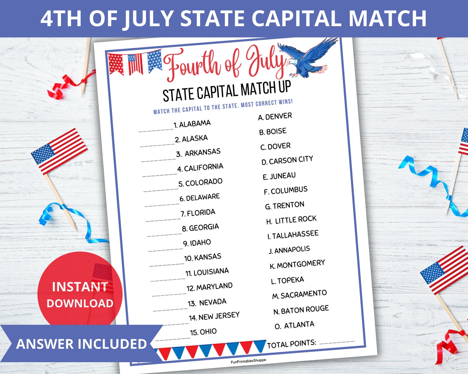 Fourth of July State Capital Match,july 4th Party Game,4th of July ...
