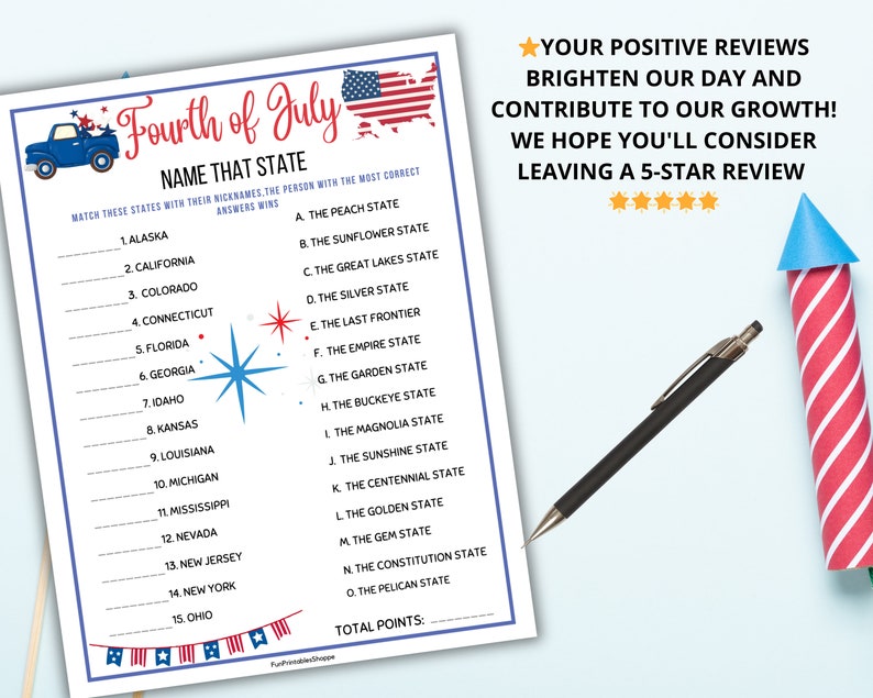 4th of July State Nickname Game,fourth of July Name That U.S. State ...