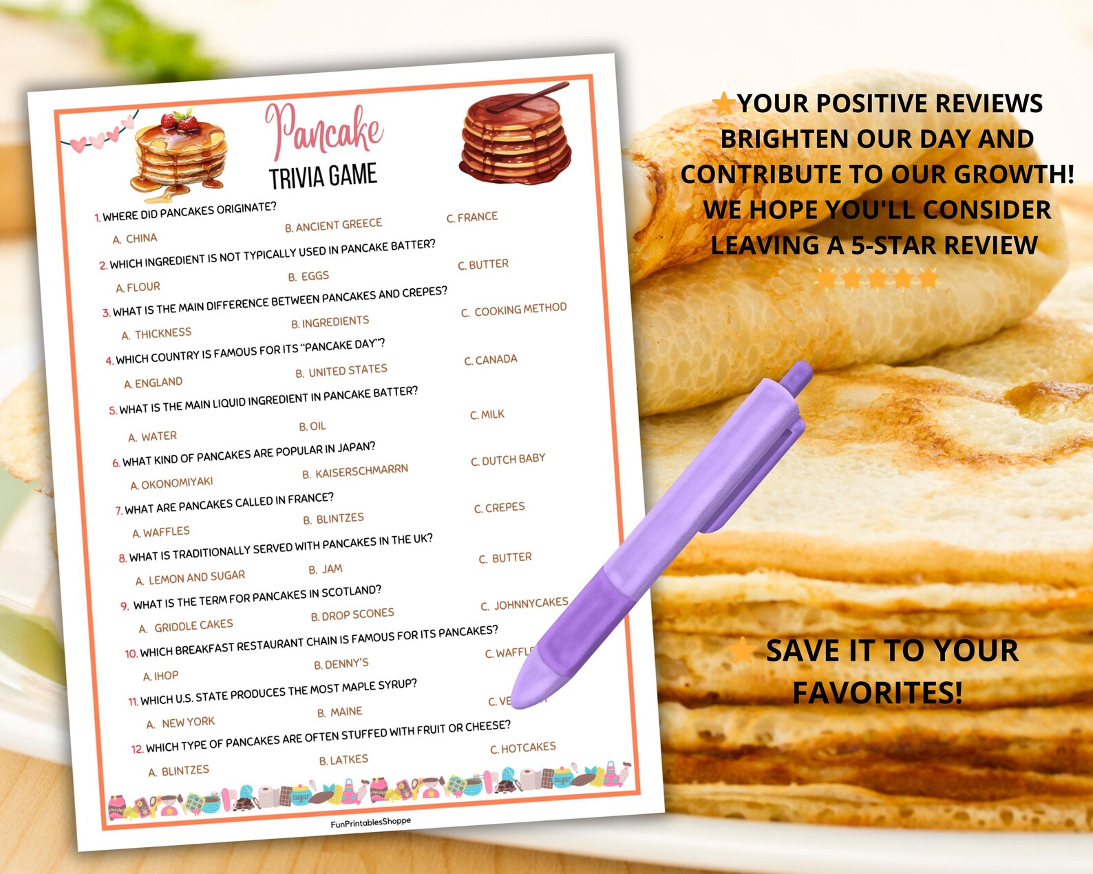 Pancake Trivia Game,pancake Day Game,pancake Quiz,pancake Party Games ...
