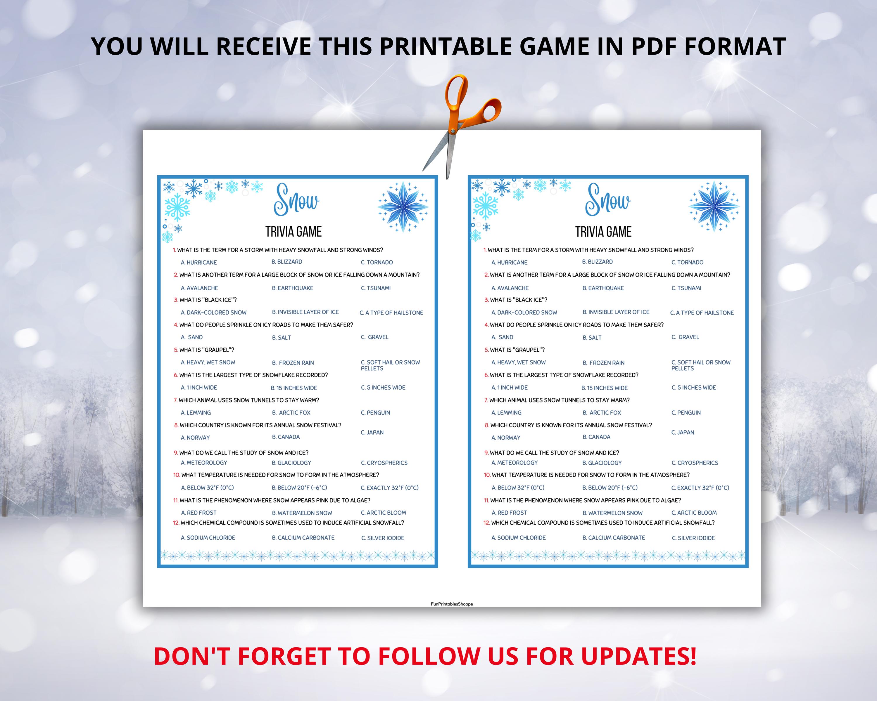 Snow Trivia,winter Trivia,snow Activity,winter Quiz,christmas Trivia ...