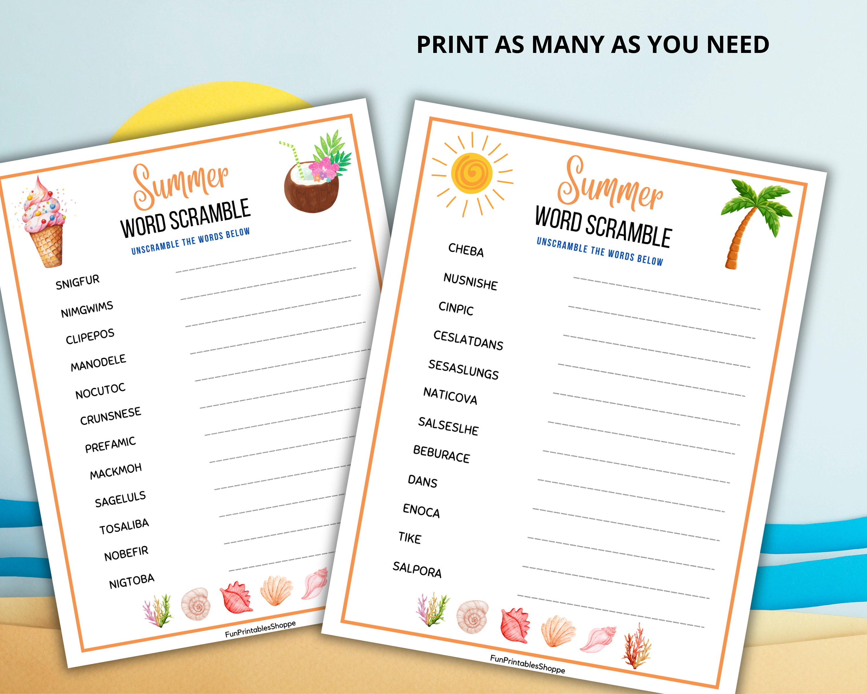 Summer Word Scramble,summertime Games,summer Party Games,summer ...