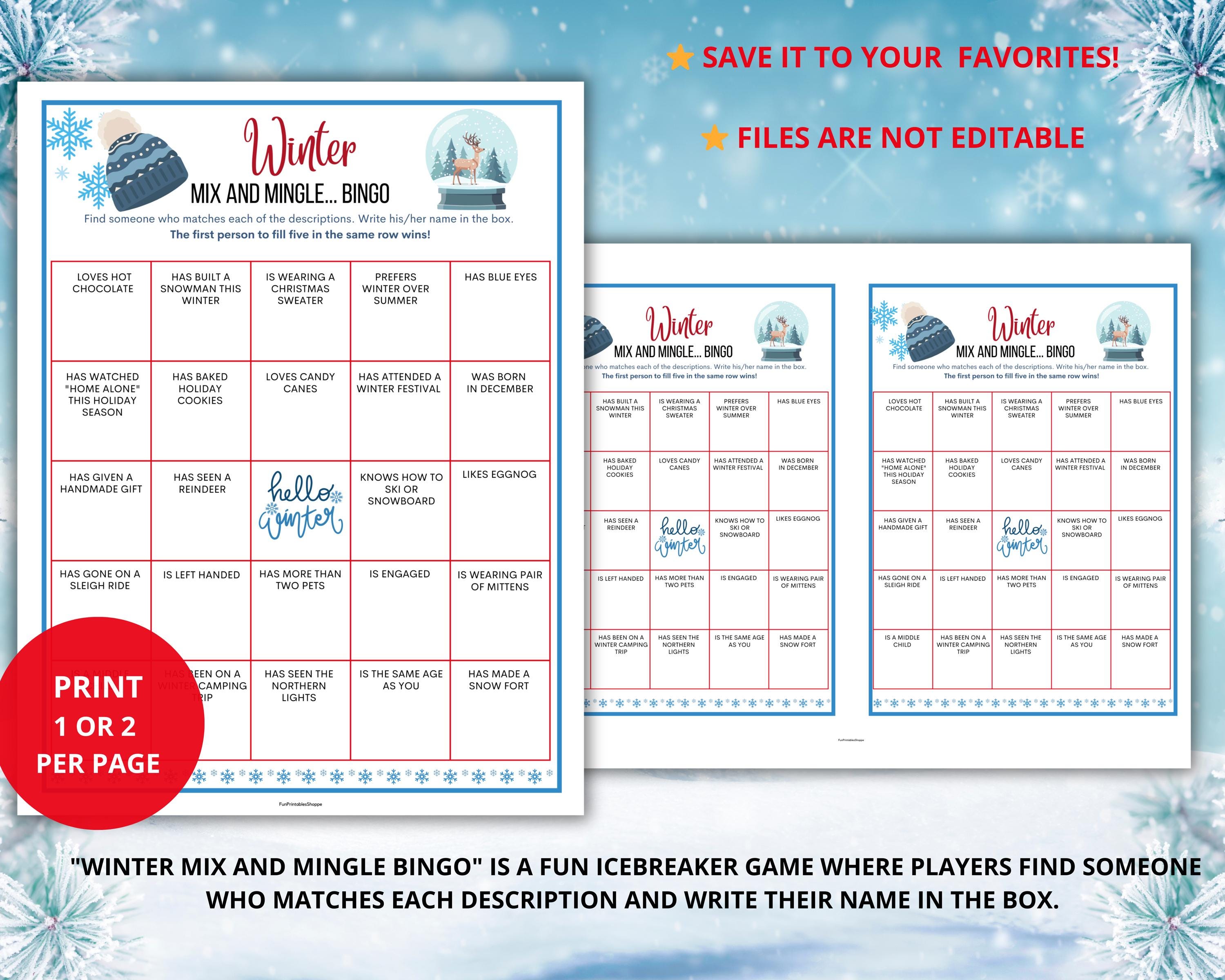 Winter Icebreaker Bingo, Mix and Mingle Icebreaker, Large Group Game ...