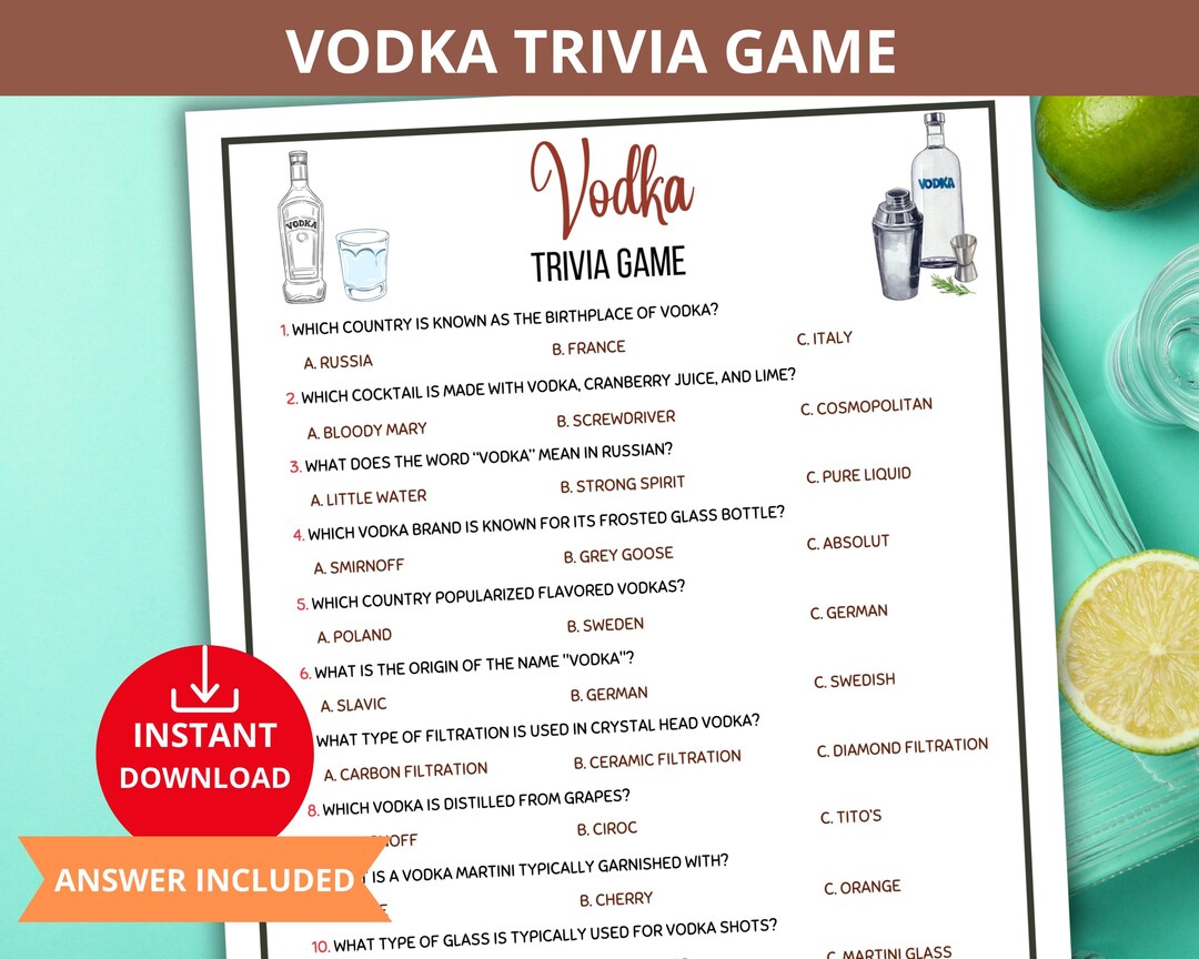 Vodka Trivia Game,vodka Quiz,drink Trivia,vodka Themed Trivia,alcohol ...