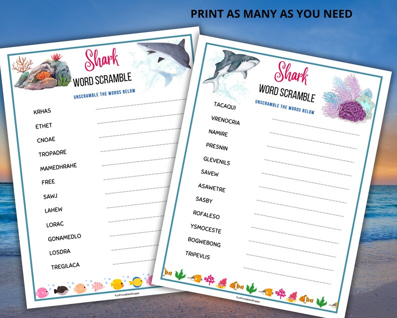 Shark Word Scramble,shark Party Game,word Search,shark Birthday Party ...