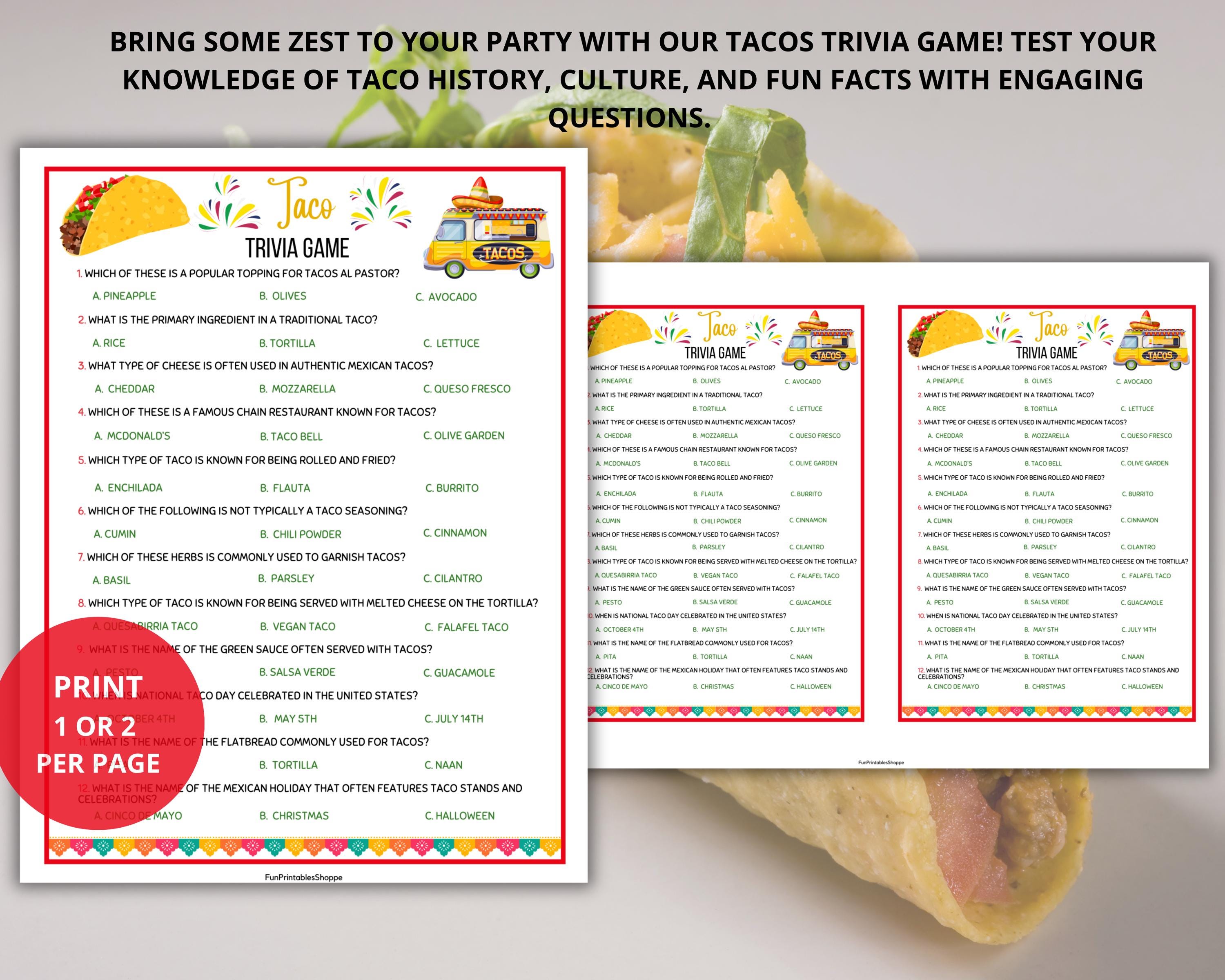 Fiesta Taco Trivia Game,taco Party Game,food Trivia,taco Fiesta,mexican ...