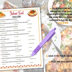 Italian Food Trivia Game,italian Food Quiz,pasta Party Trivia Game ...