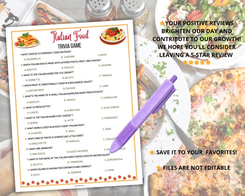 Italian Food Trivia Game,italian Food Quiz,pasta Party Trivia Game ...