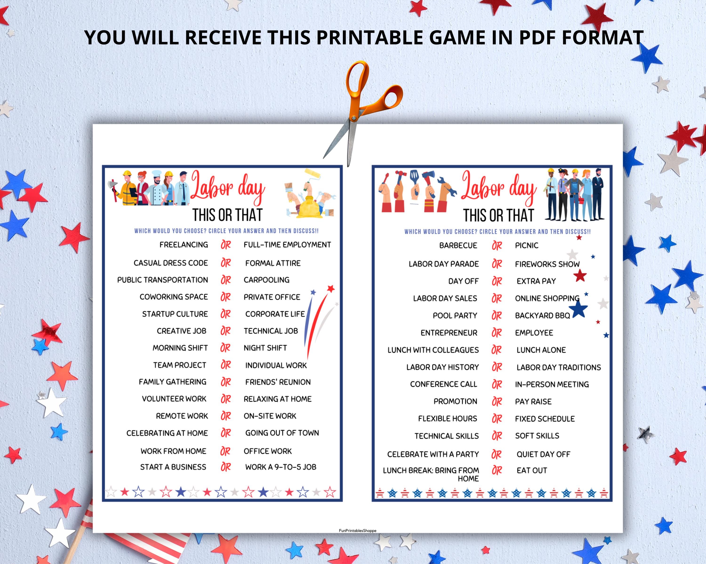 Labor Day This or That,labor Day Party Games,labor Day Activity,labor ...