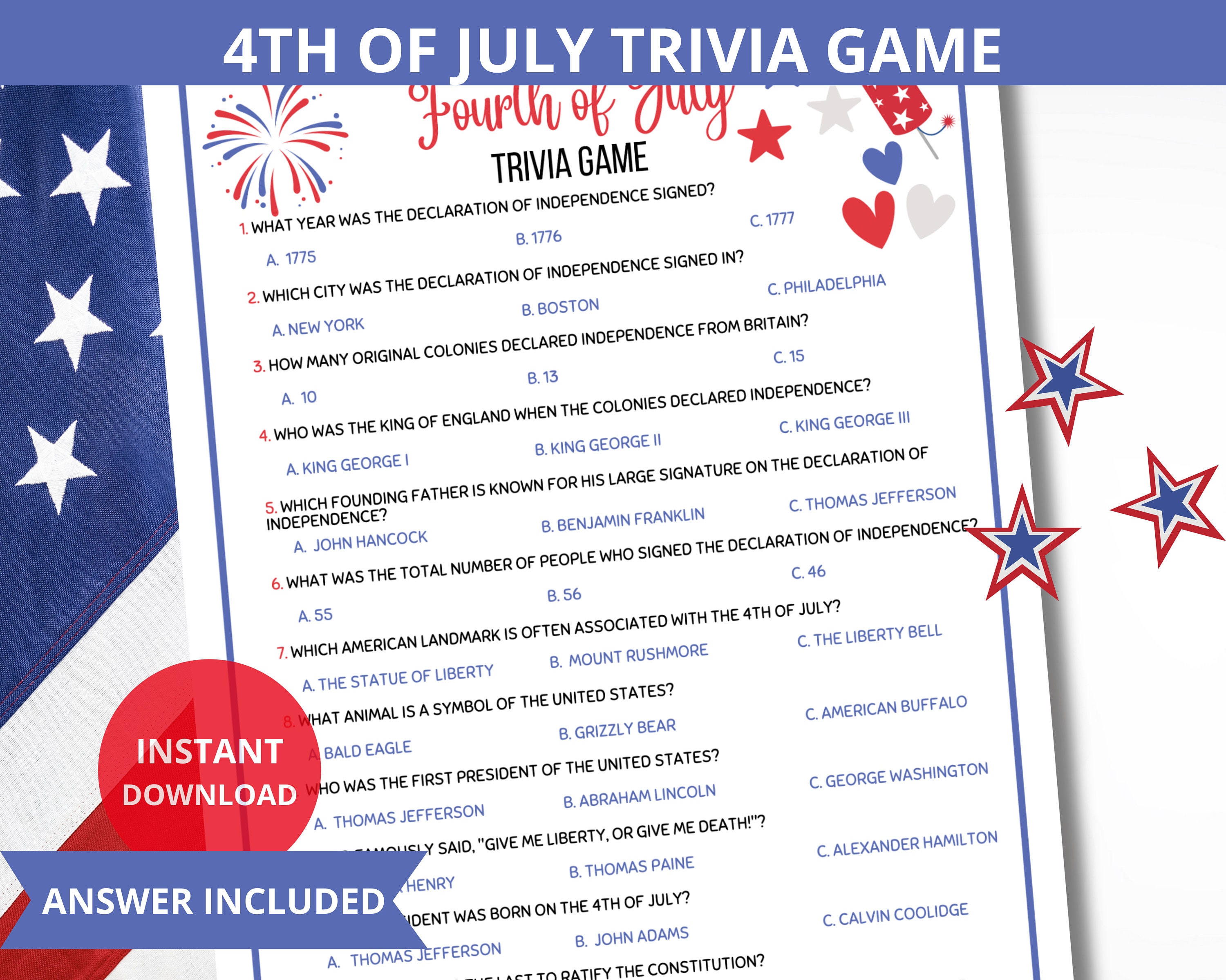 4th of July Trivia Game,july Trivia,summer Trivia Quiz,fourth or July ...