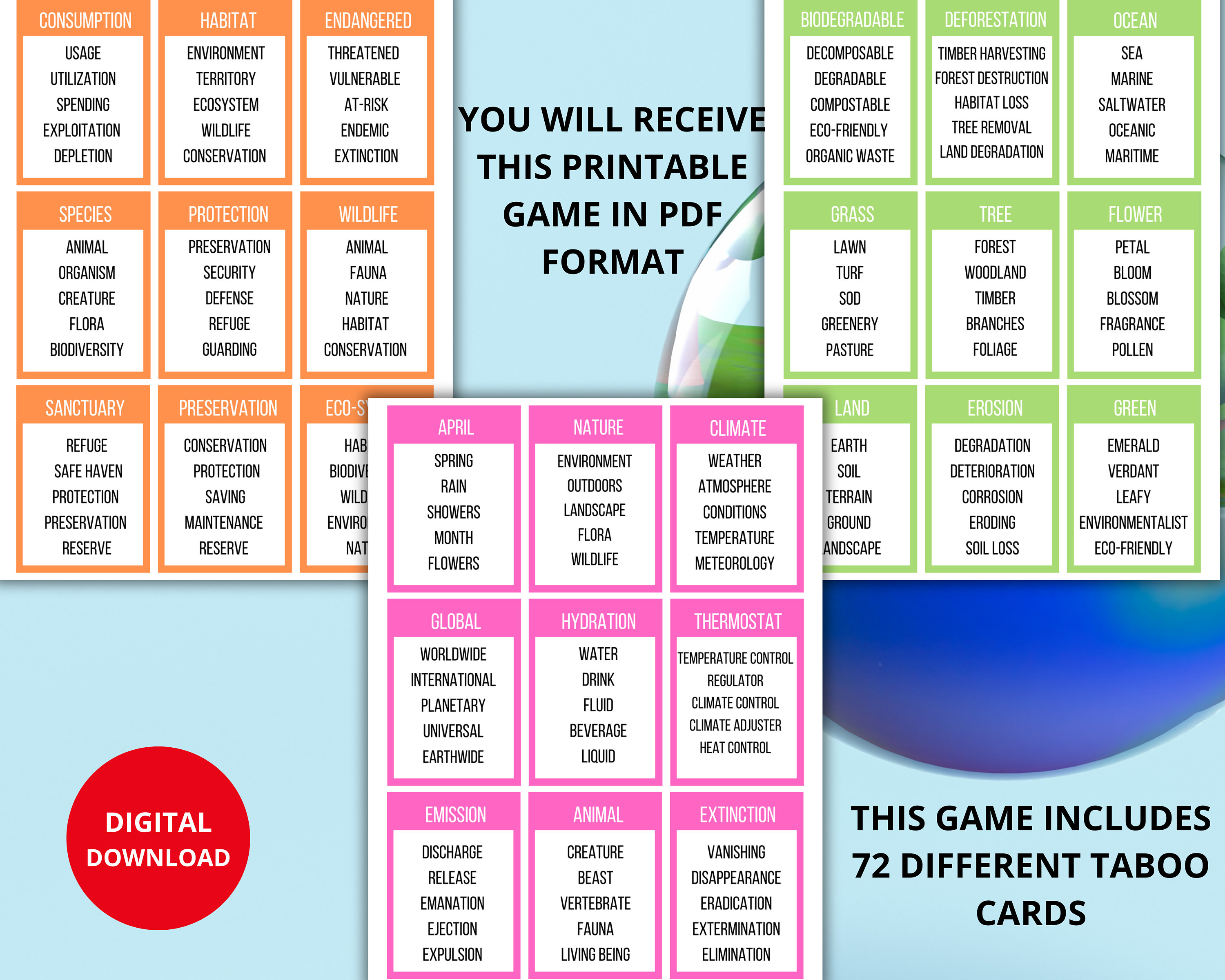 Earth Day Taboo Card Game,taboo Game, Earth Day Activity,spring ...