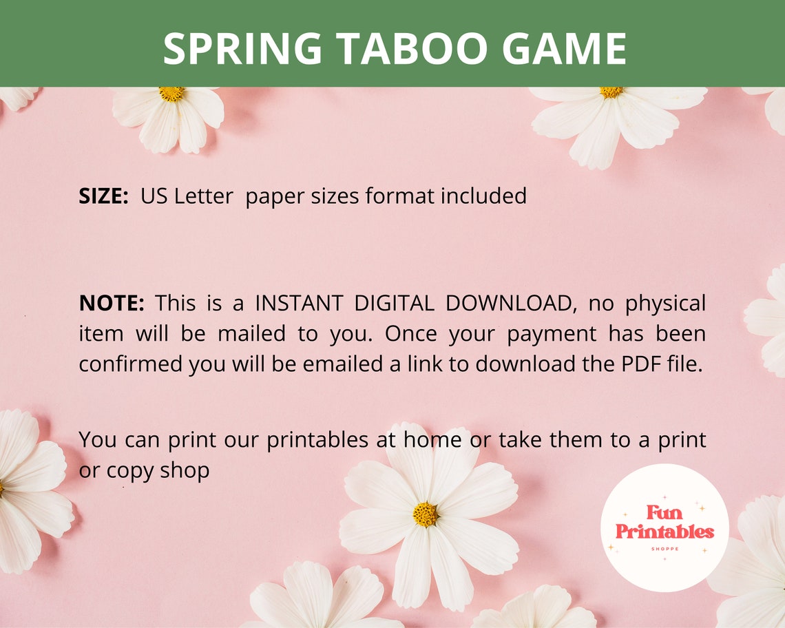 Spring Taboo Game, Spring Printable Game for Family,springtime Game ...