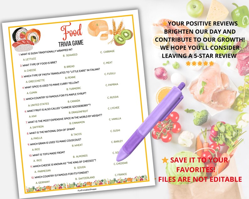 Food Trivia Game,culinary Trivia Game,food Quiz Print,family Food ...
