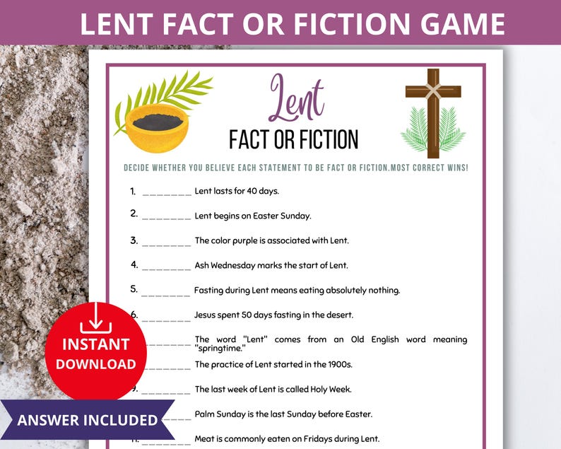 Lent Fact or Fiction,lent Quiz,lent Trivia Game,easter Bible True or ...
