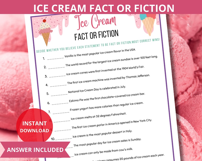 Ice Cream Fact or Fiction,ice Cream Trivia,ice Cream Social Game ...