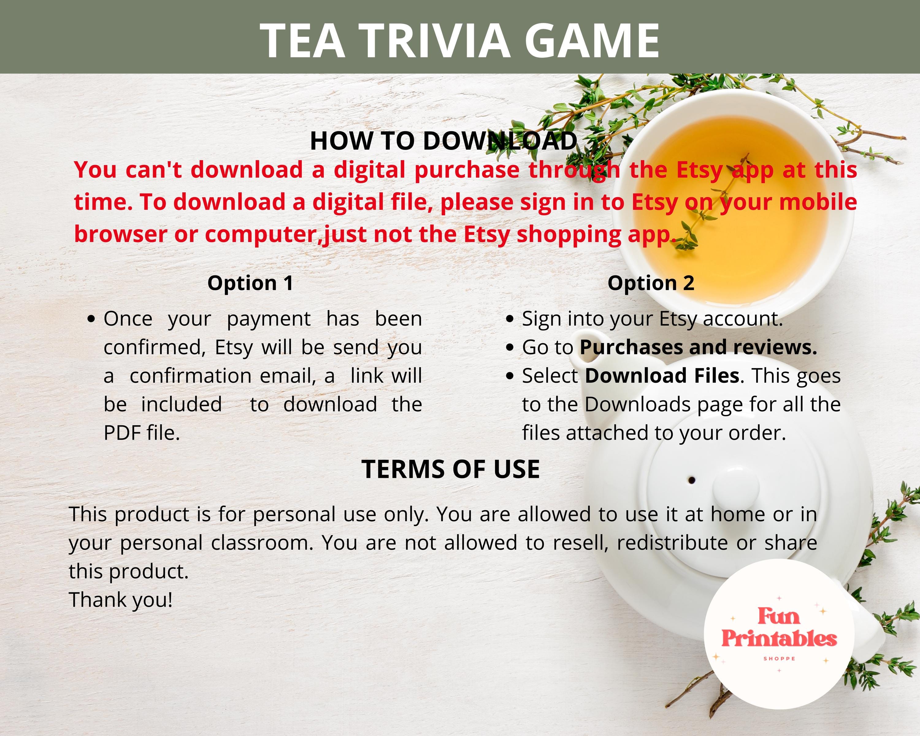 Tea Trivia Game,tea Trivia Quiz,tea Question,tea Games Printable,drink ...