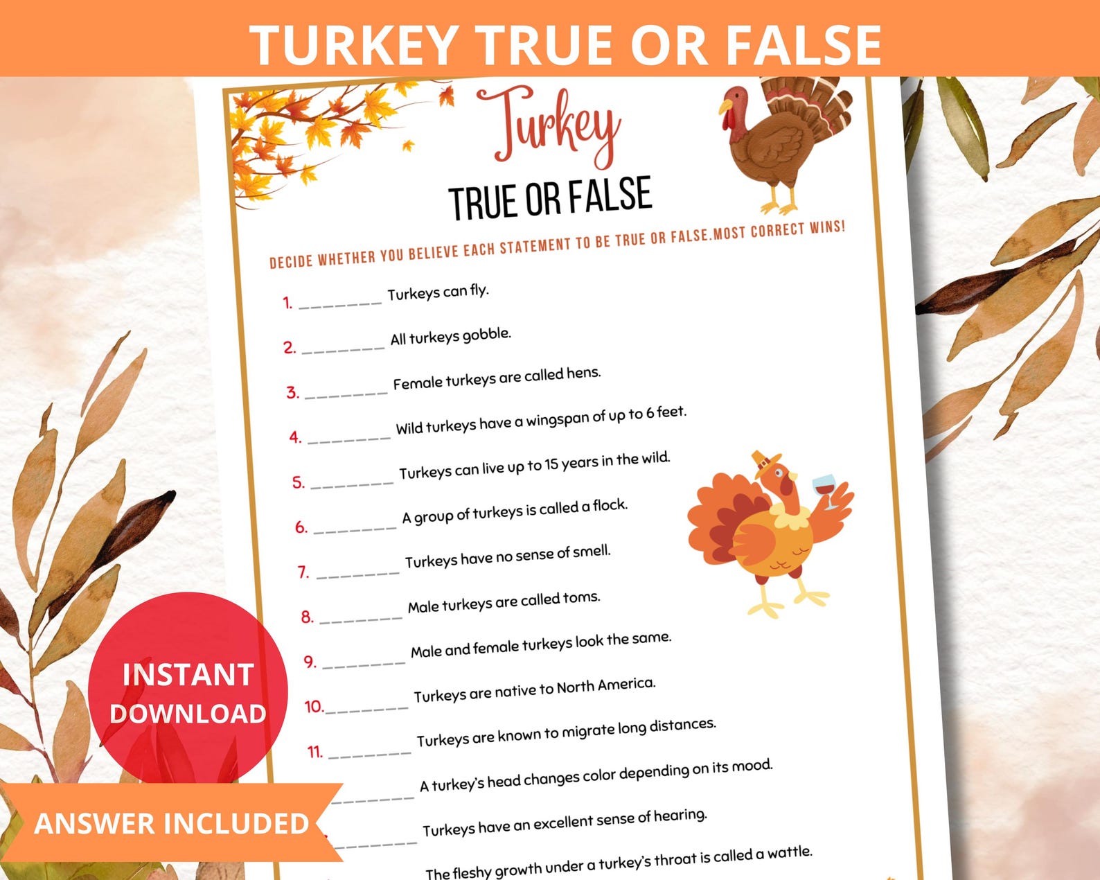 Turkey Day Quiz,thanksgiving Turkey Game,thanksgiving Fact or Fiction ...