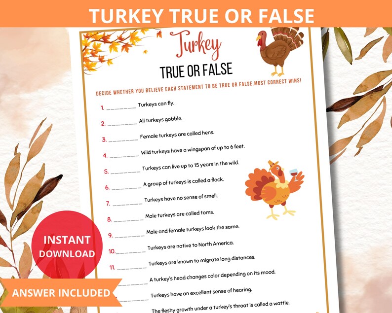 Turkey Day Quiz,thanksgiving Turkey Game,thanksgiving Fact or Fiction ...