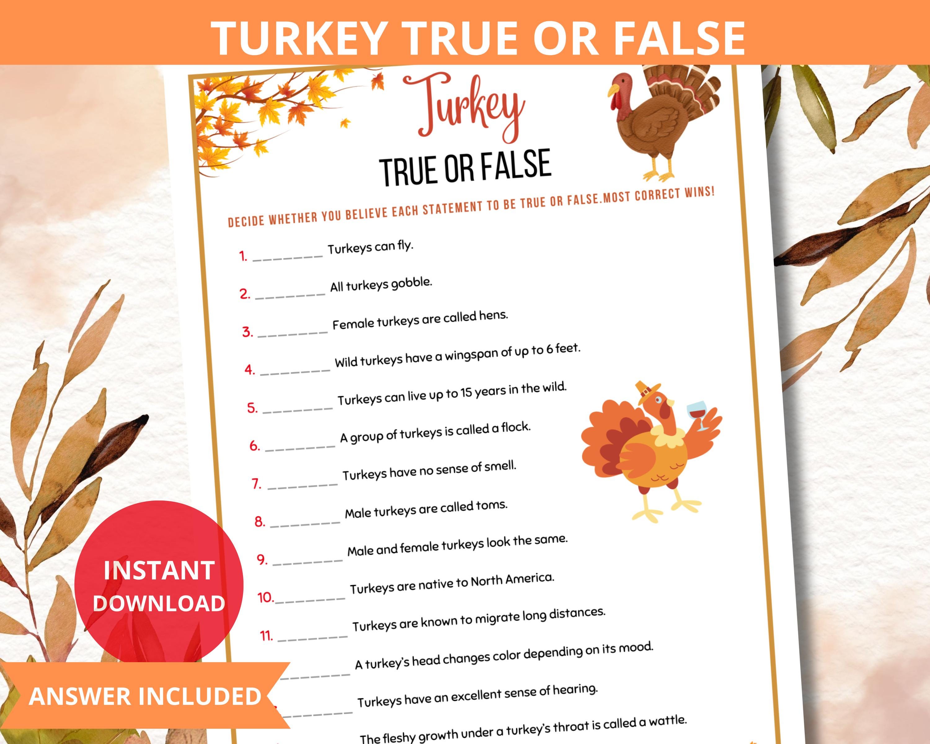 Turkey Day Quiz,thanksgiving Turkey Game,thanksgiving Fact or Fiction ...