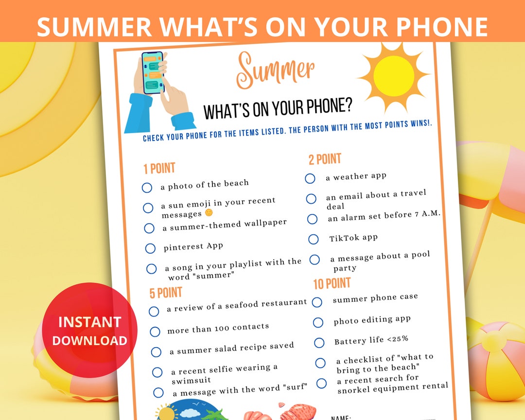 Summer Whats in Your Phone,summer Party Game,phone Game,pool Party ...