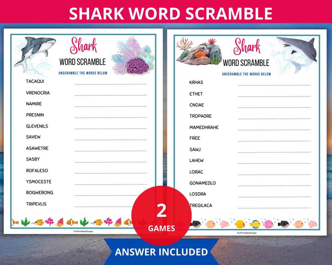 Shark Word Scramble,shark Party Game,word Search,shark Birthday Party ...