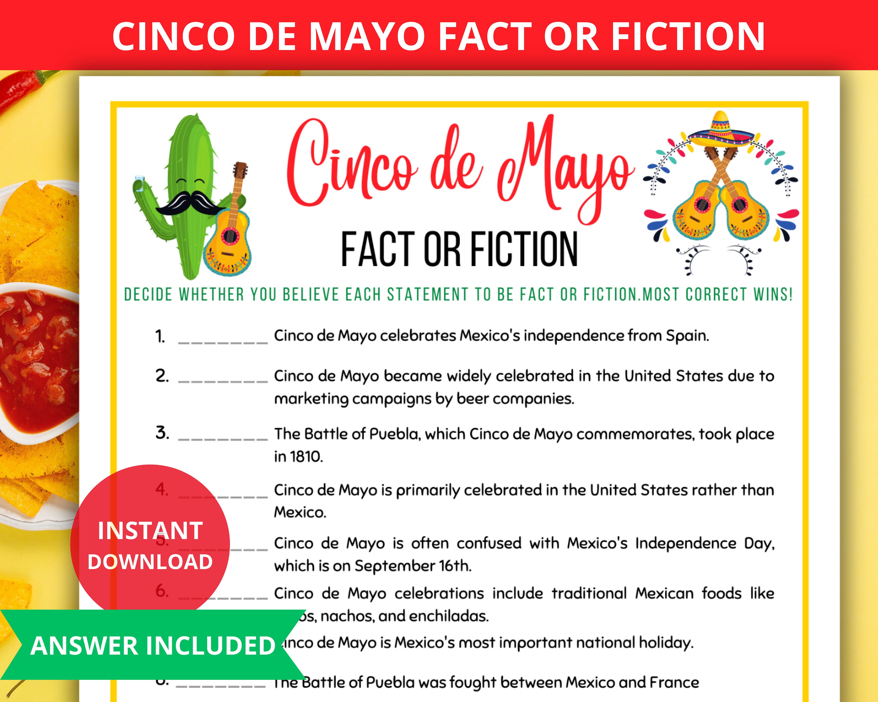 Cinco De Mayo Fact or Fiction Game,cinco De Mayo Trivia Quiz,true or ...