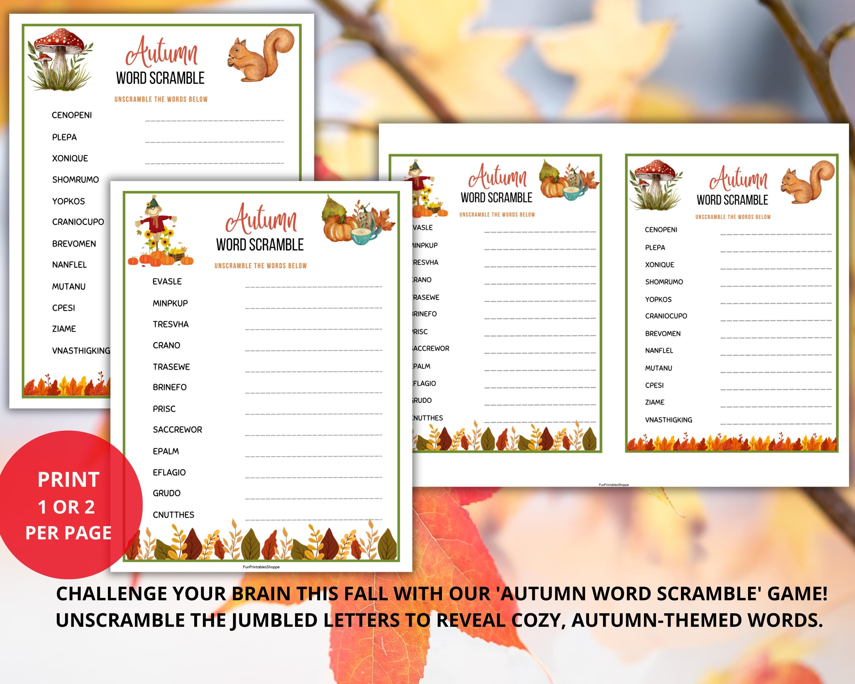 Fall Word Scramble,autumn Word Scramble,fall Activity,family Game ...
