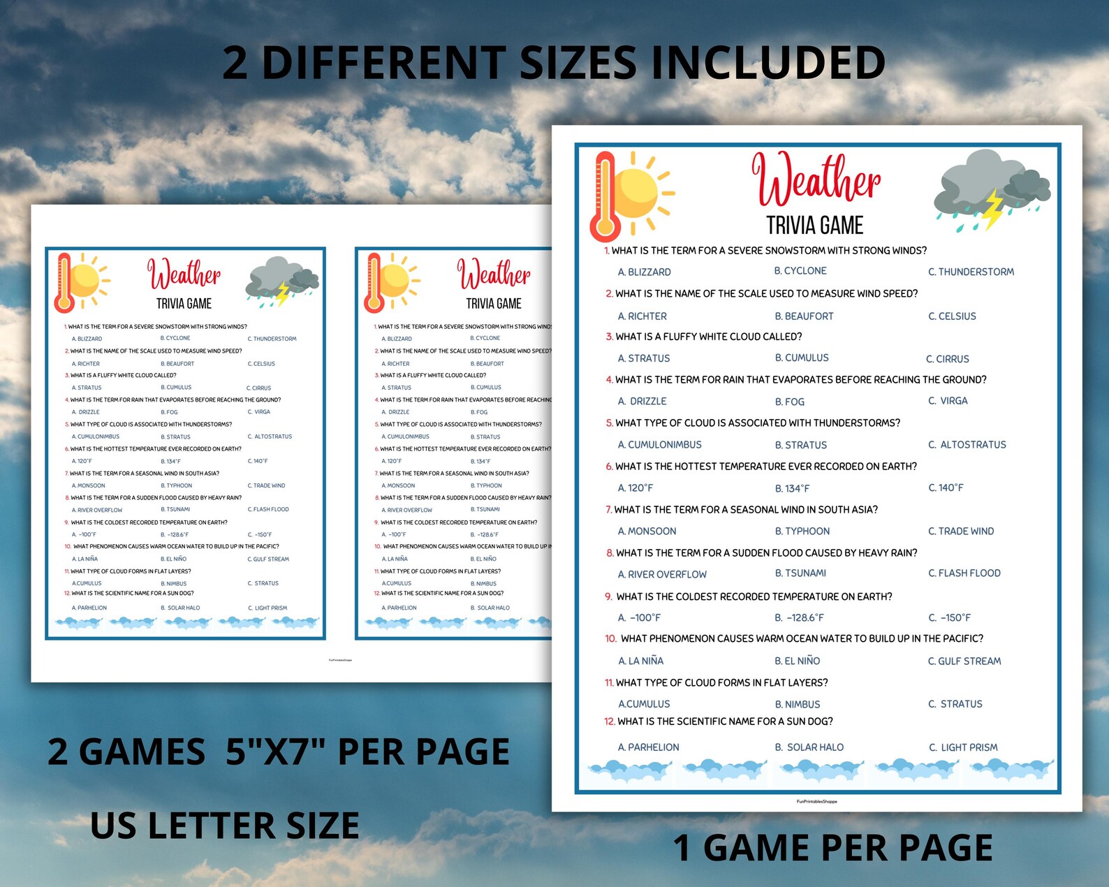 Weather Trivia Game,weather Quiz,weather Questions,weather Printable ...