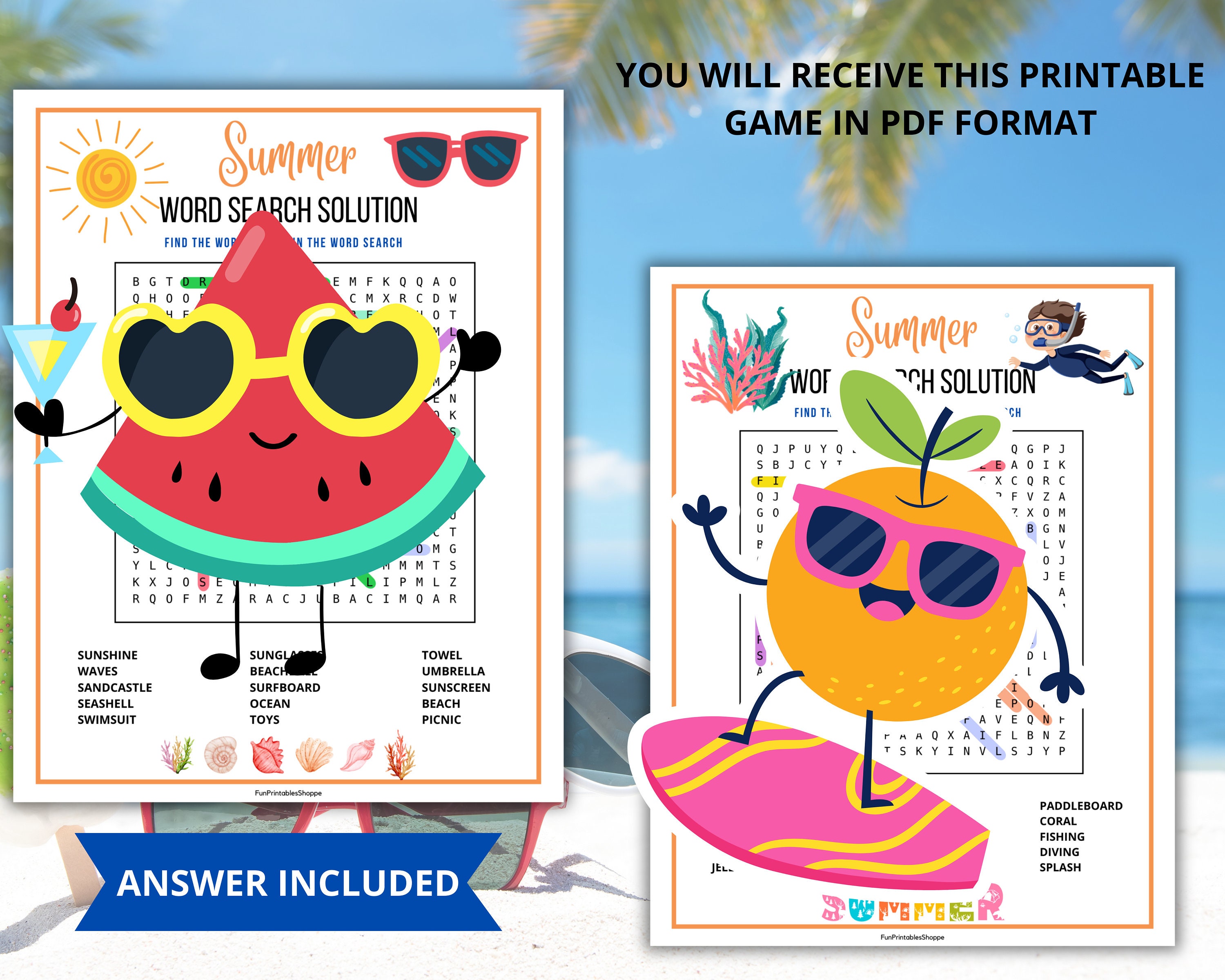 Summer Word Search,summertime Party Game,word Find Game,fun Summer ...