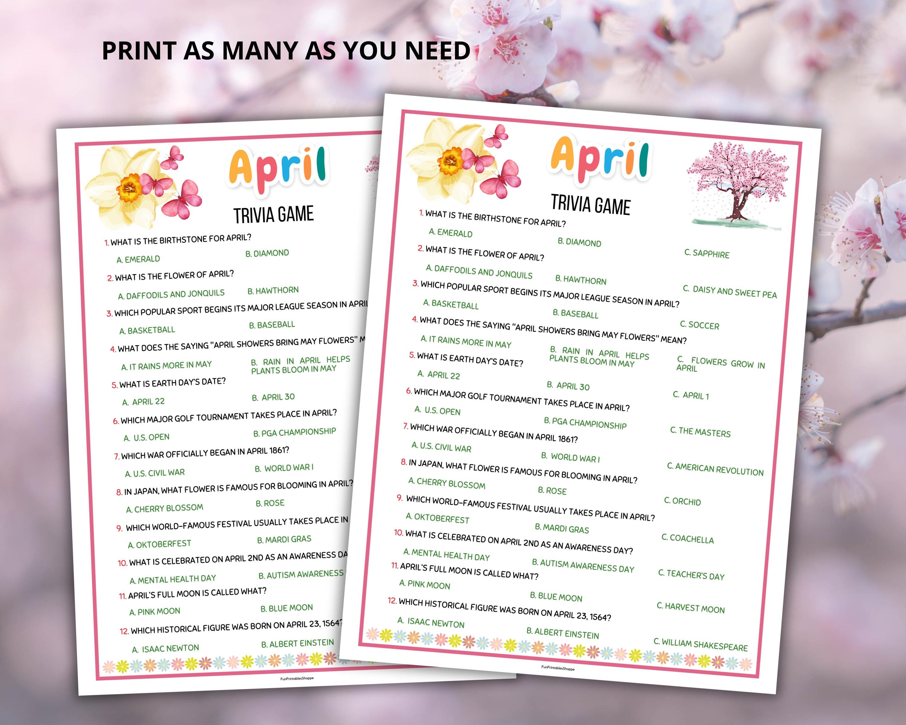 April Trivia Games,monthly Trivia Quiz,spring Party Games,april Games ...
