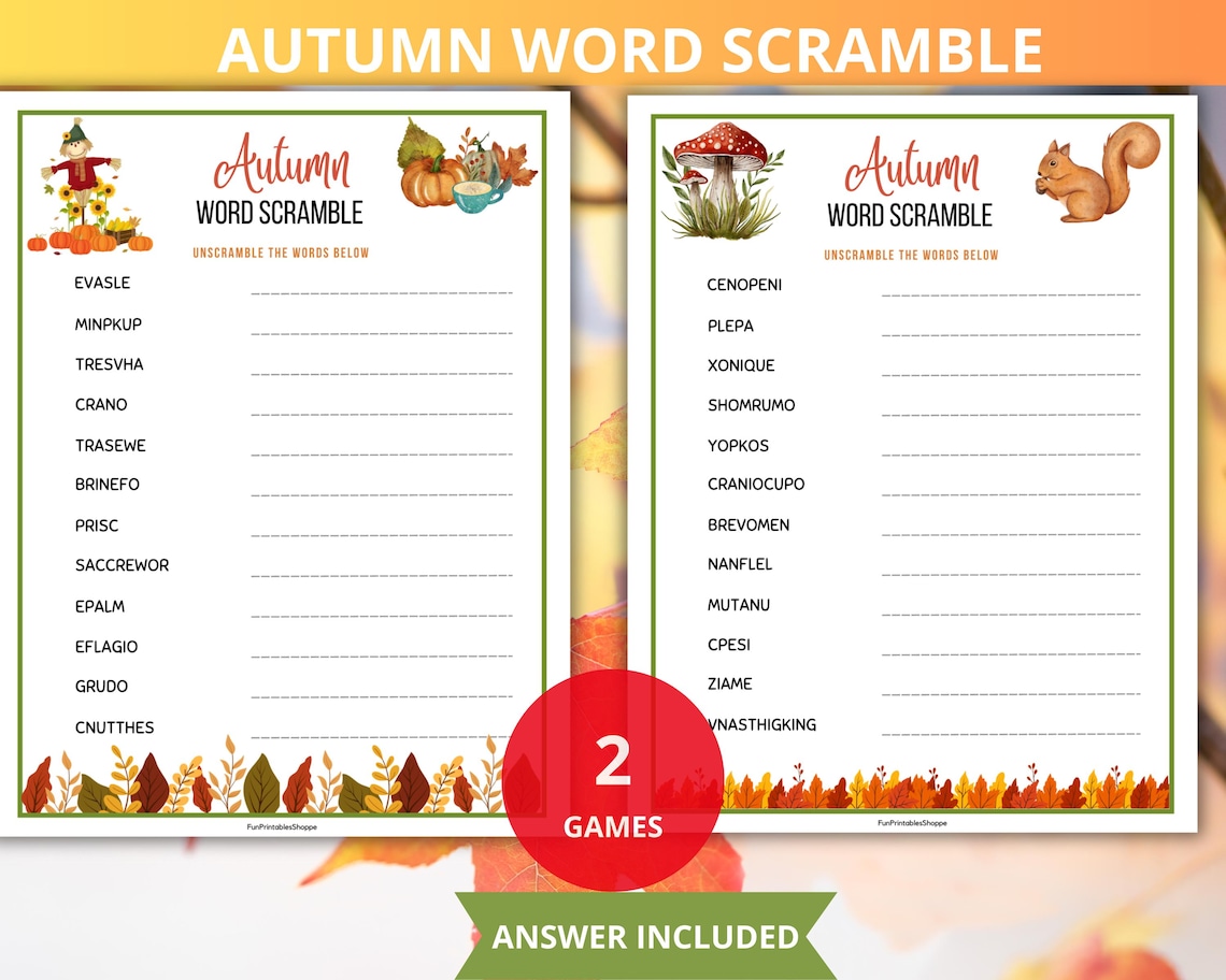Fall Word Scramble,autumn Word Scramble,fall Activity,family Game ...
