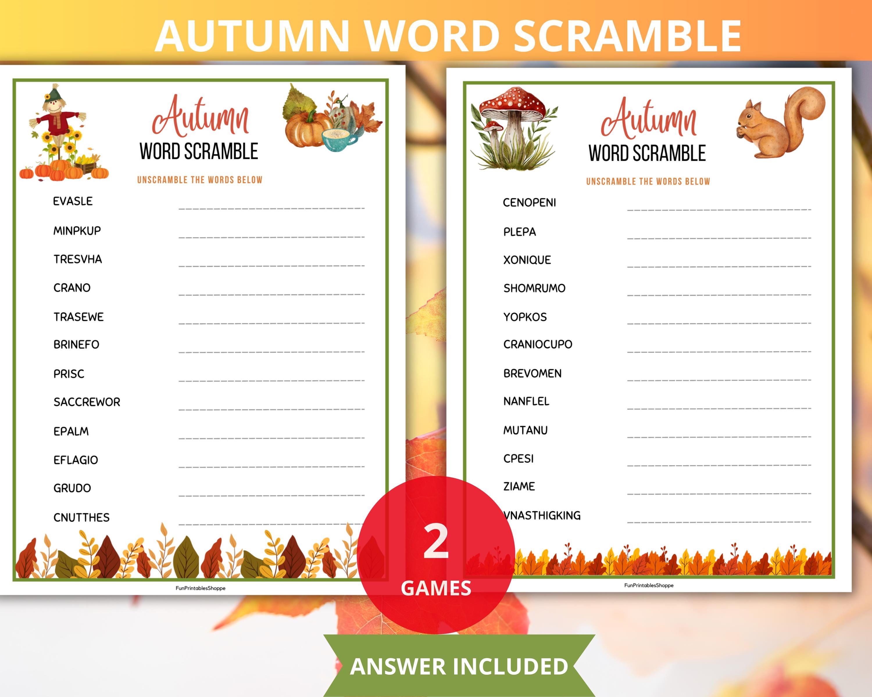 Fall Word Scramble,autumn Word Scramble,fall Activity,family Game ...