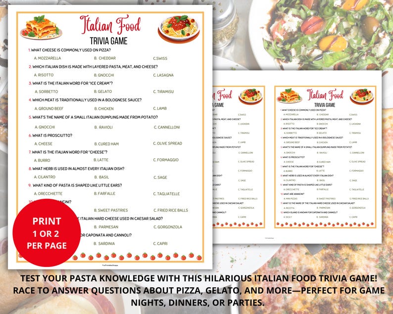 Italian Food Trivia Game,italian Food Quiz,pasta Party Trivia Game ...