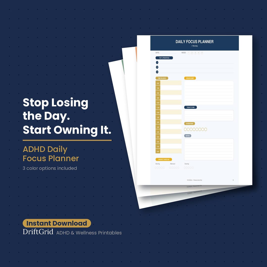 ADHD Daily Focus Planner | Adult Time Blocking PDF (instant Download ...