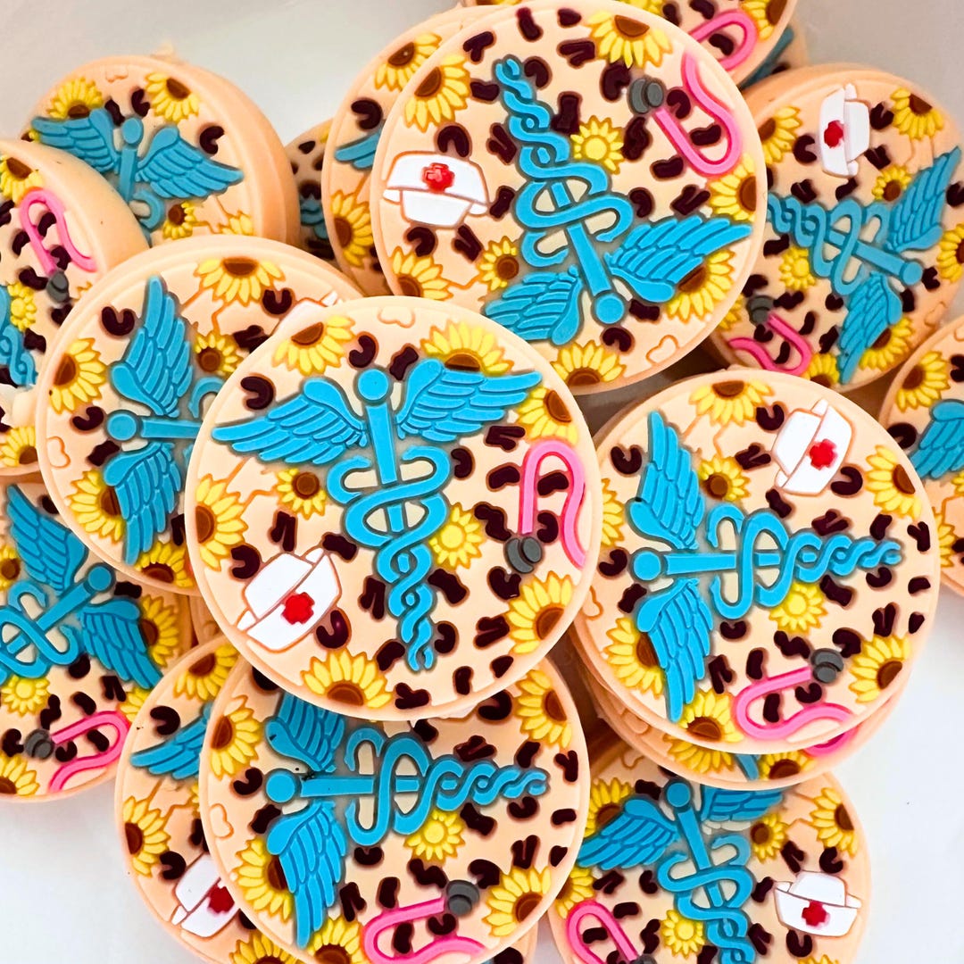 RN Medical Nurse Symbol Nursing Caduceus Leopard Print Round Sunflower ...