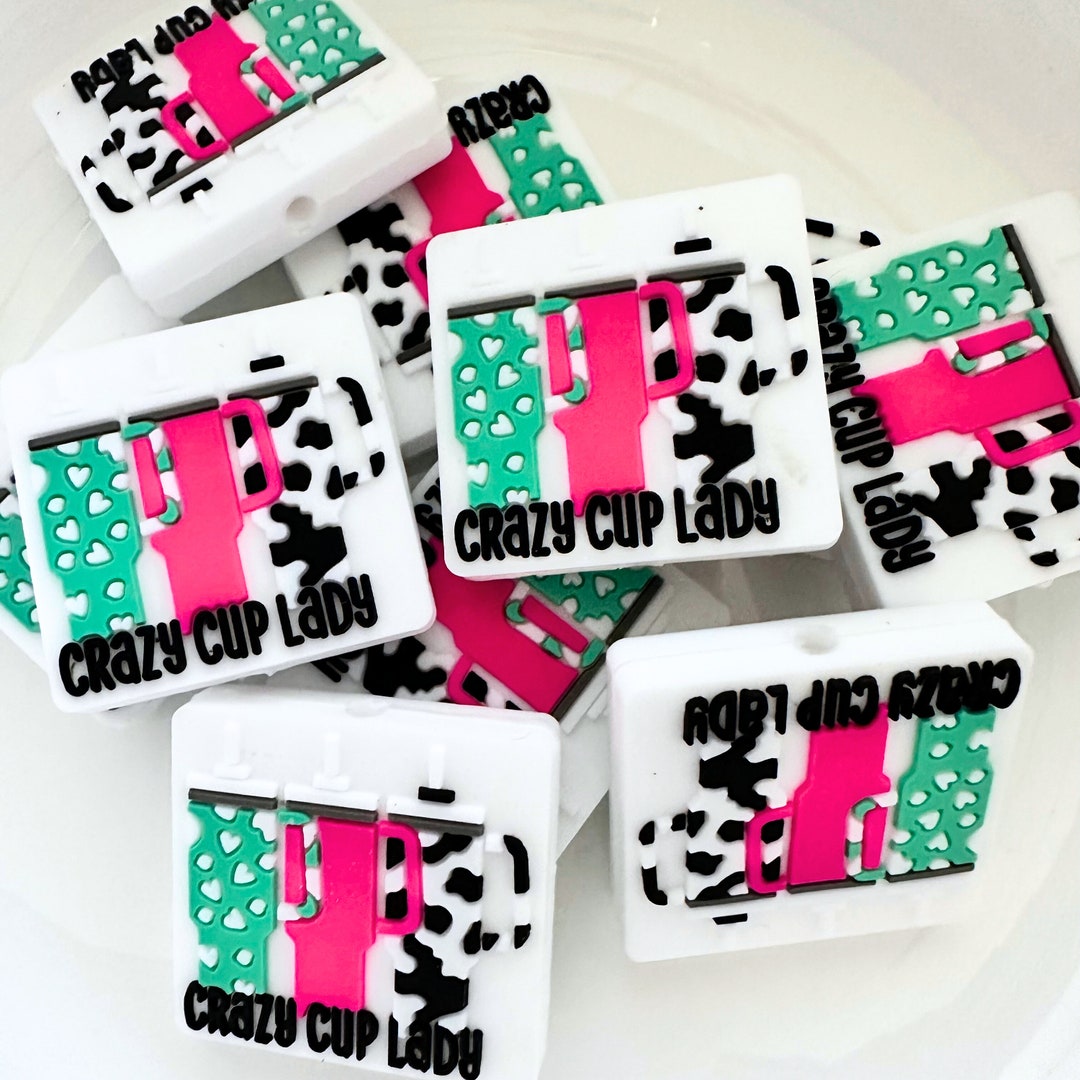 Crazy Cup Lady Tumbler Cow Print Teal Pink Hearts Silicone Focal Bead ...