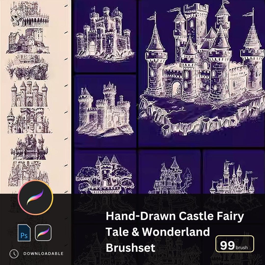 99 Hand Drawn Castle Procreate Photoshop Brushes, Fairy Tale Cartoon ...