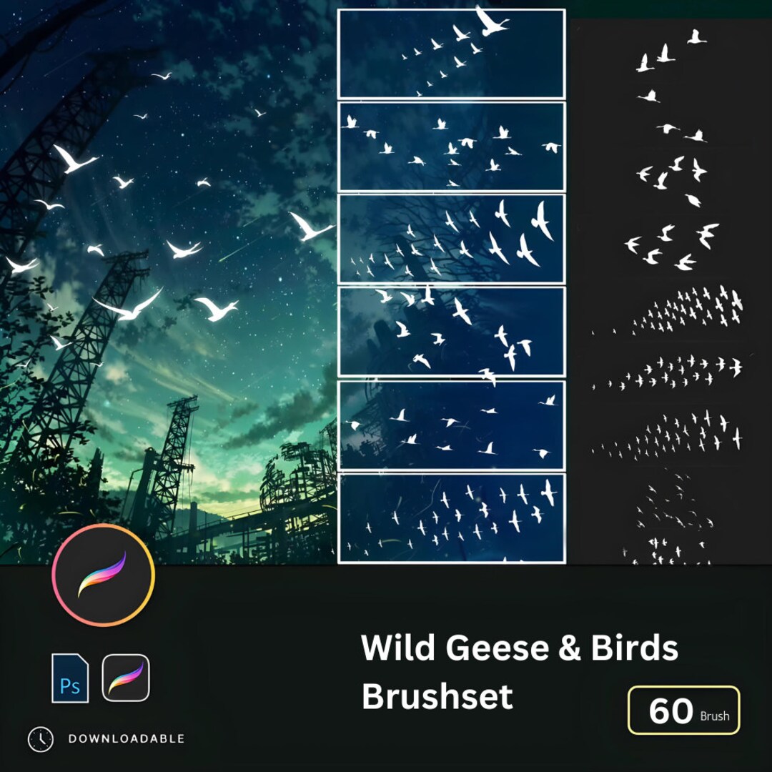 60 Wild Geese & Birds Procreate PS Brushes | Silhouette of Flying Geese ...