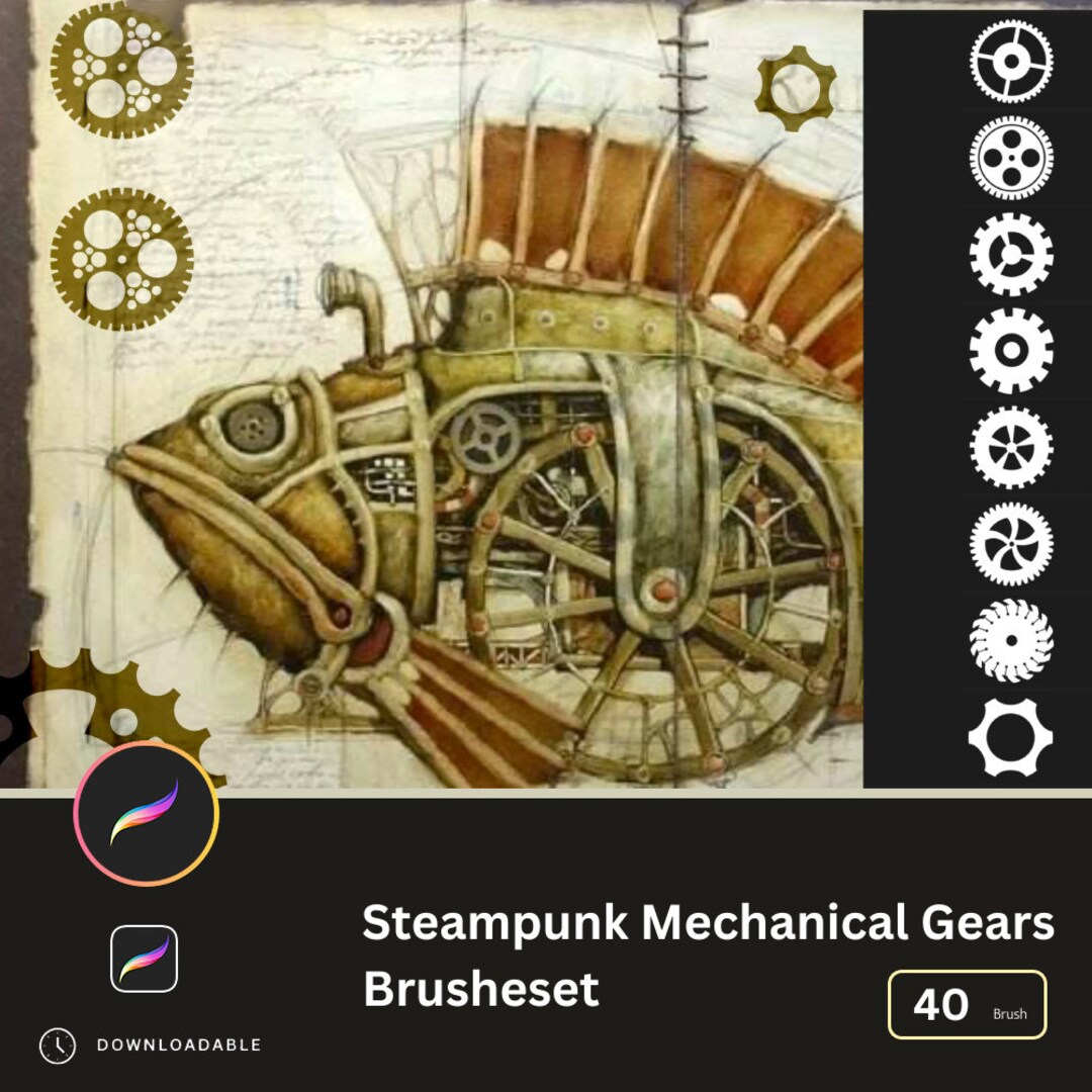 40 Mechanical Gears Procreate Brushes | Steampunk Retro Industrial ...