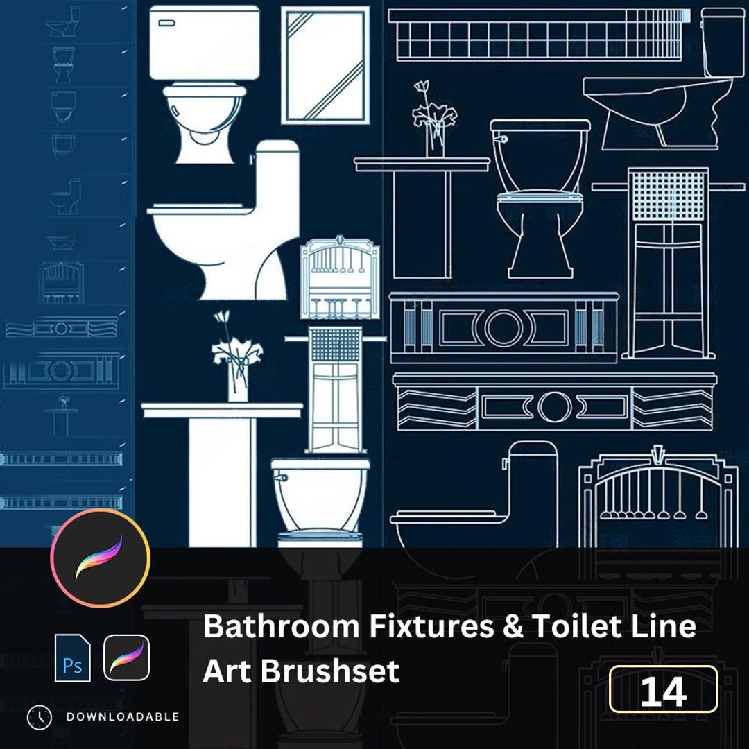 Bathroom Fixtures Toilet Sketch Procreate PS Brushes, Interior Design ...